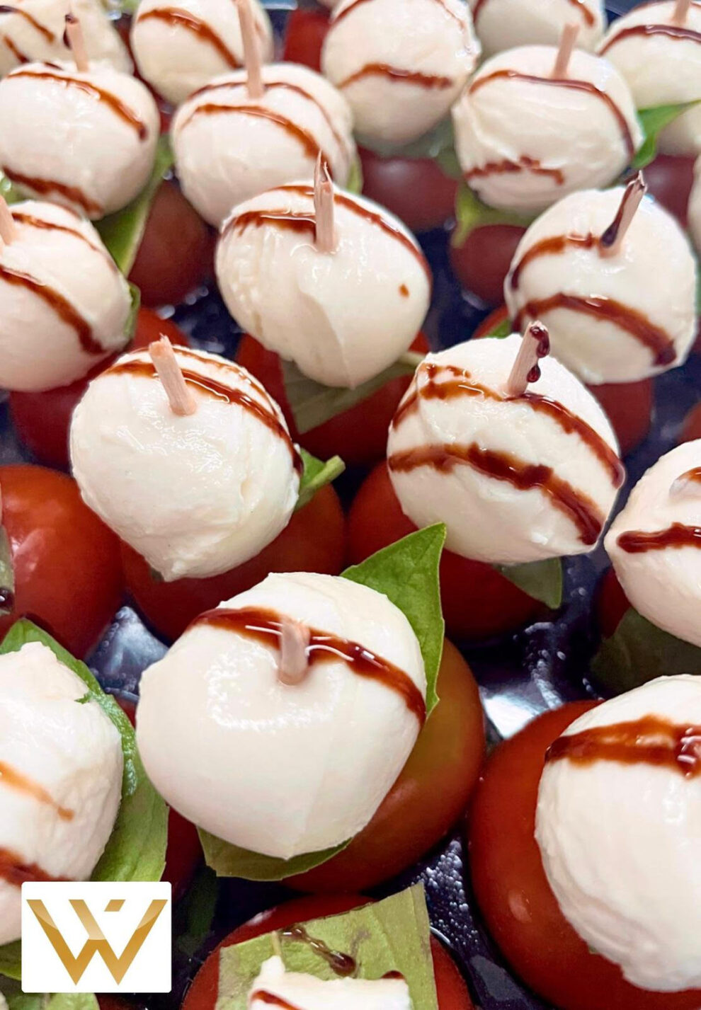 Mozzarella, Cherry Tomatoes & Basil Sticks - Whitehouse Catering